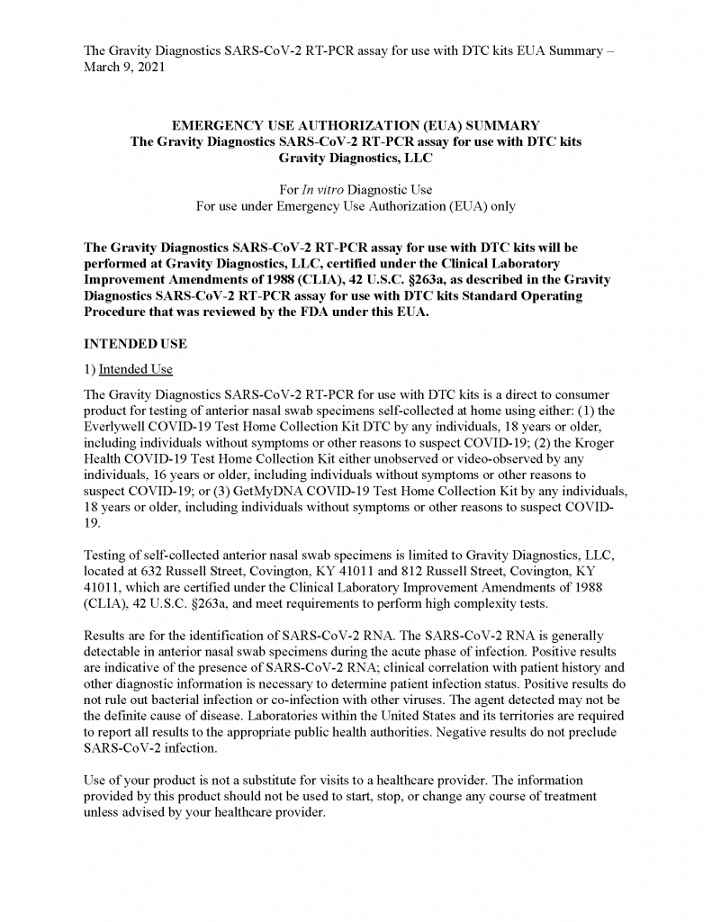 FDA EUA SUMMARY - Gravity Diagnostics