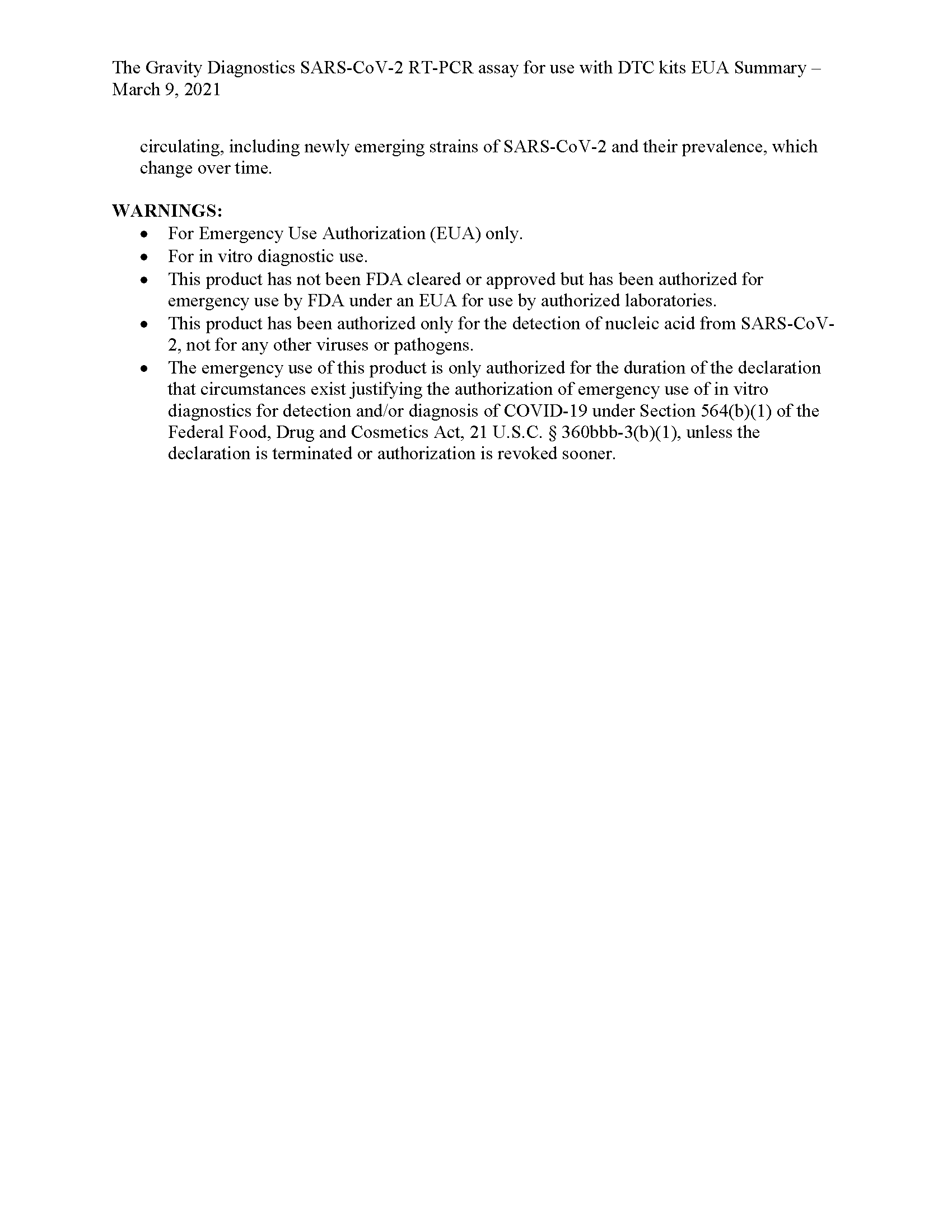 FDA EUA SUMMARY - Gravity Diagnostics